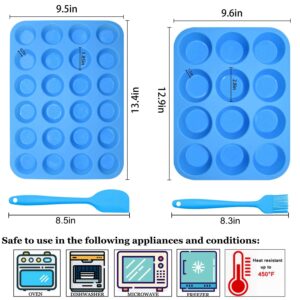 Silicone Muffin Pan Cupcake Set – Non-Stick 12 Cups and Mini 24 Cups,Silicone Baking Molds,BPA Free Muffin Tin with 1 Silicone Spatula & 1 Oil Brush (blue)