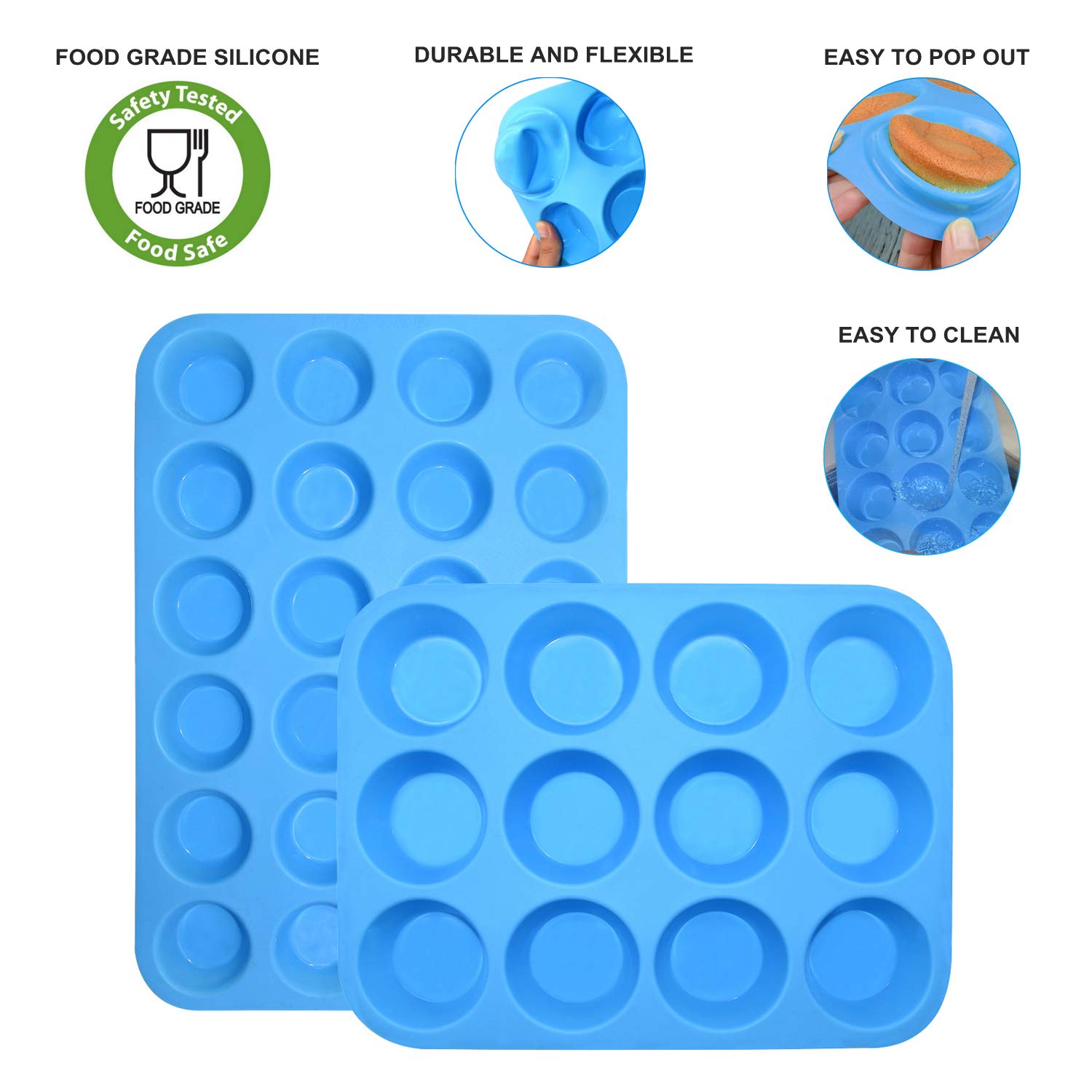 Silicone Muffin Pan Cupcake Set – Non-Stick 12 Cups and Mini 24 Cups,Silicone Baking Molds,BPA Free Muffin Tin with 1 Silicone Spatula & 1 Oil Brush (blue)