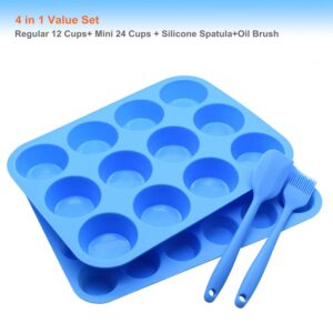 Silicone Muffin Pan Cupcake Set – Non-Stick 12 Cups and Mini 24 Cups,Silicone Baking Molds,BPA Free Muffin Tin with 1 Silicone Spatula & 1 Oil Brush (blue)