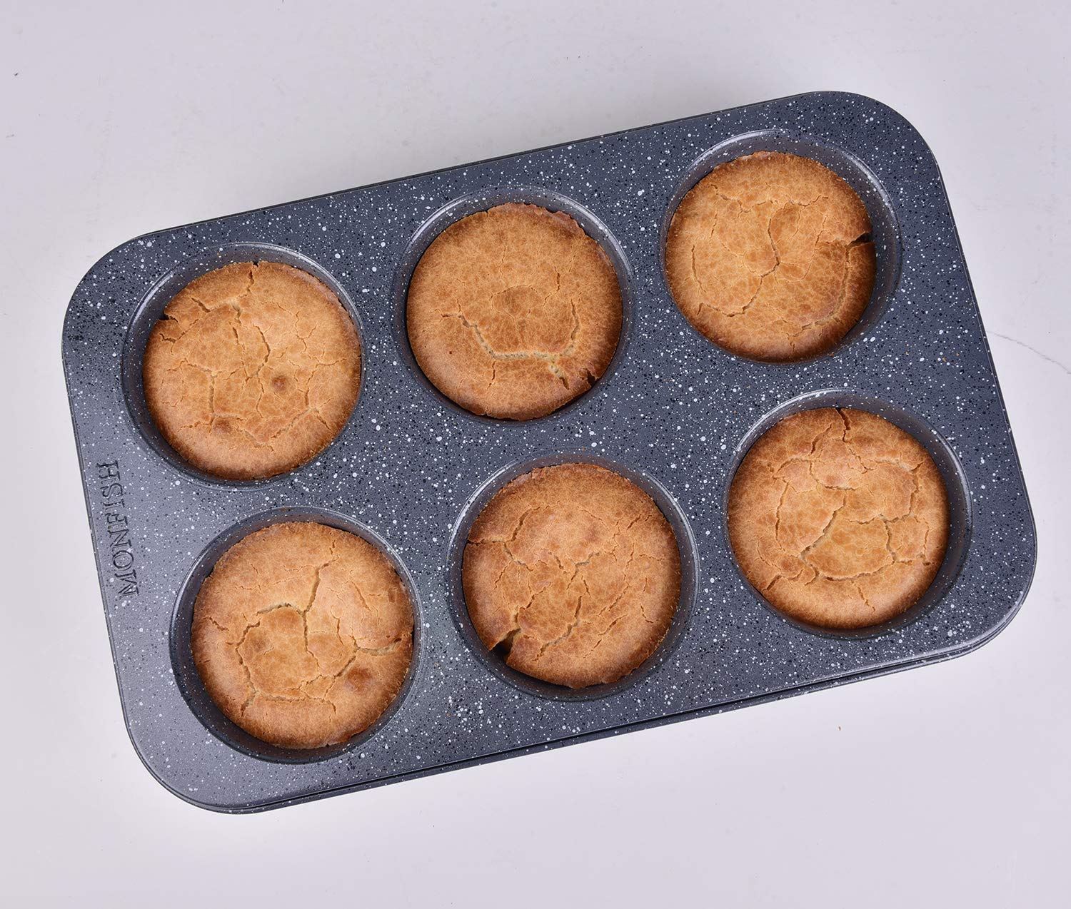 Monfish Jumbo Deep Muffin pan 6 cup large cupcake pan gray granite finish Carbon steel muffin tin 3.5x3inch cup (deep 6 cup)