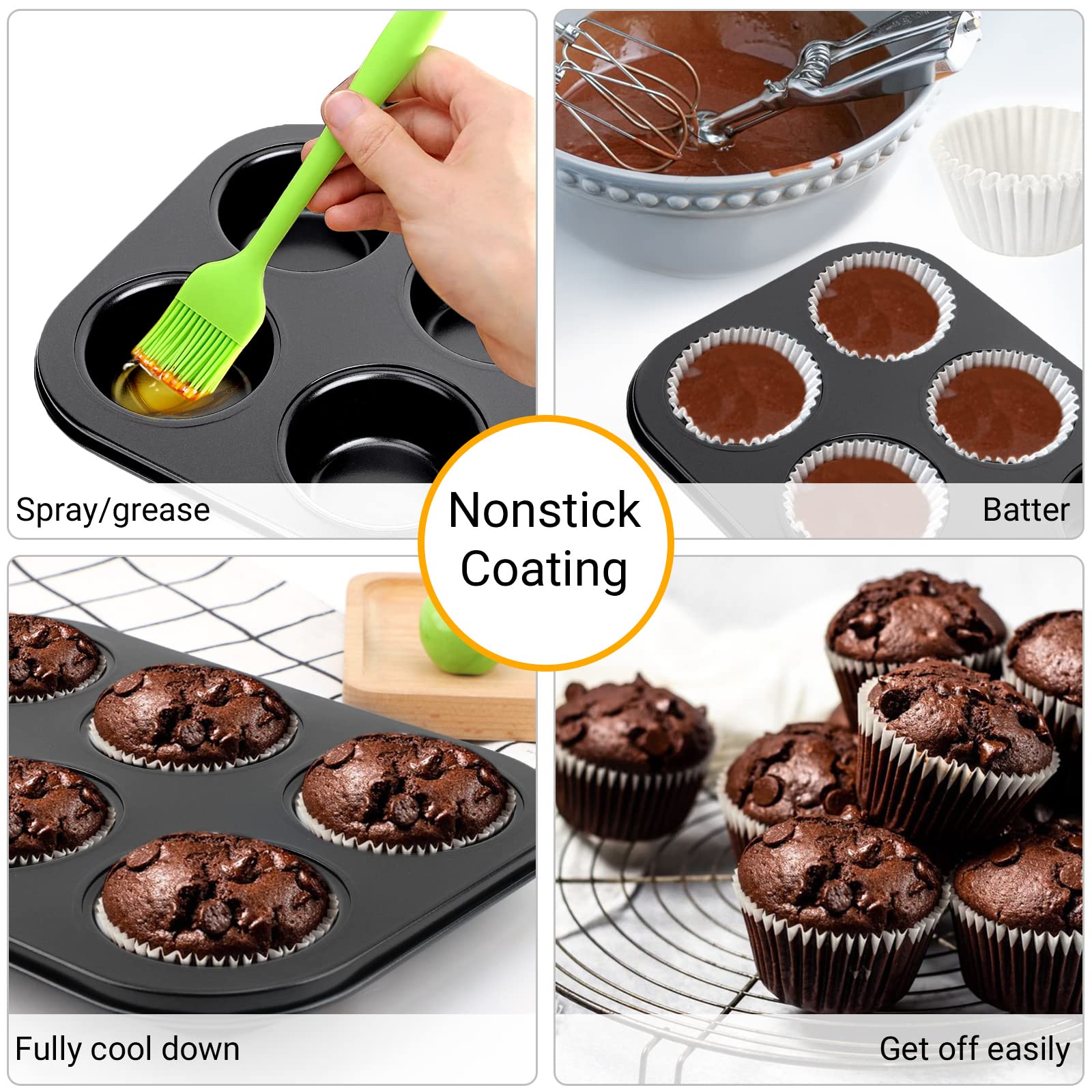 Beasea Muffin Pan 6 Cup, Set of 2 Non Stick Muffin Baking Pan, Carbon Steel Muffin Pan Bakeware Set Cupcake Baking Pan for Oven Baking