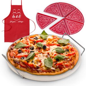 la & li pizza stone for grill and oven - 13" ceramic round oven pizza stone set with multipurpose rack with handles, 6 plates, & apron - pizza stone for oven for baking, pizza, bread, cookies, & more