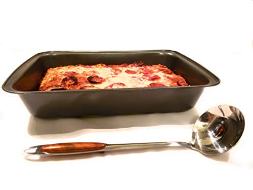 April Supply 9 inch by 14 inch Detroit Style Deep Dish Square Pizza Pan with Sauce Ladle Sicilian Rectangular Bake Dish with Stainless Steel Ladle