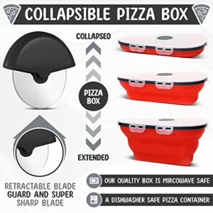 ROSER STUDIO 2 Silicone Pizza Storage Container Collapsible & Pizza Cutter - Reusable & Expandable Pizza Container & 10 Microwavable Lids Serving Tray - Foldable Pizza leftover Box (2 RED)