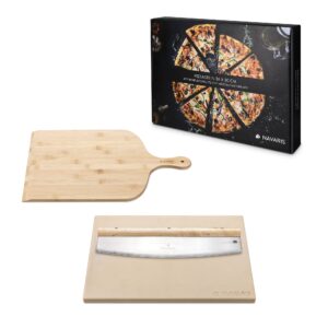 navaris pizza stone set (3 pieces) - for grill and oven - incl. rectangular cordierite pizza stone 14.8x11.8", pizza cutter, pizza peel, recipe book