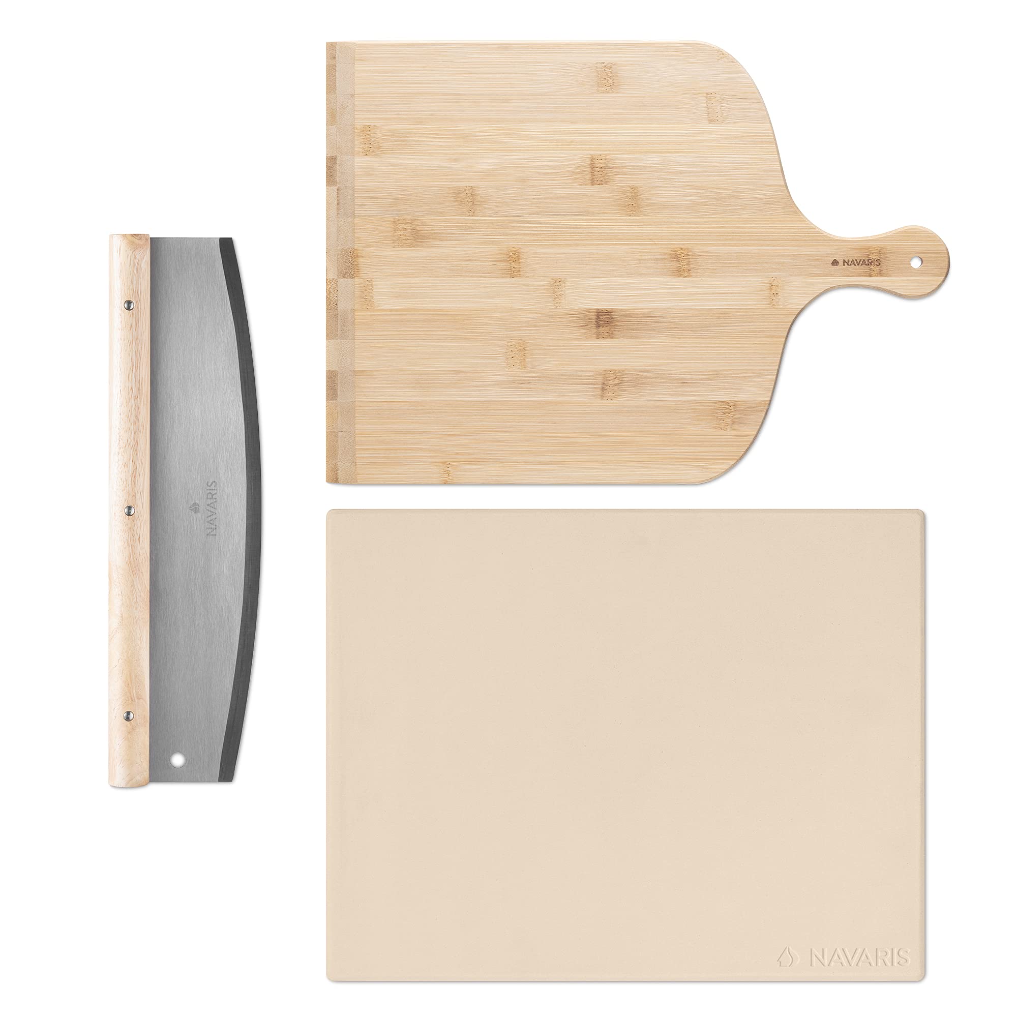 Navaris Pizza Stone Set (3 Pieces) - For Grill and Oven - Incl. Rectangular Cordierite Pizza Stone 14.8x11.8", Pizza Cutter, Pizza Peel, Recipe Book