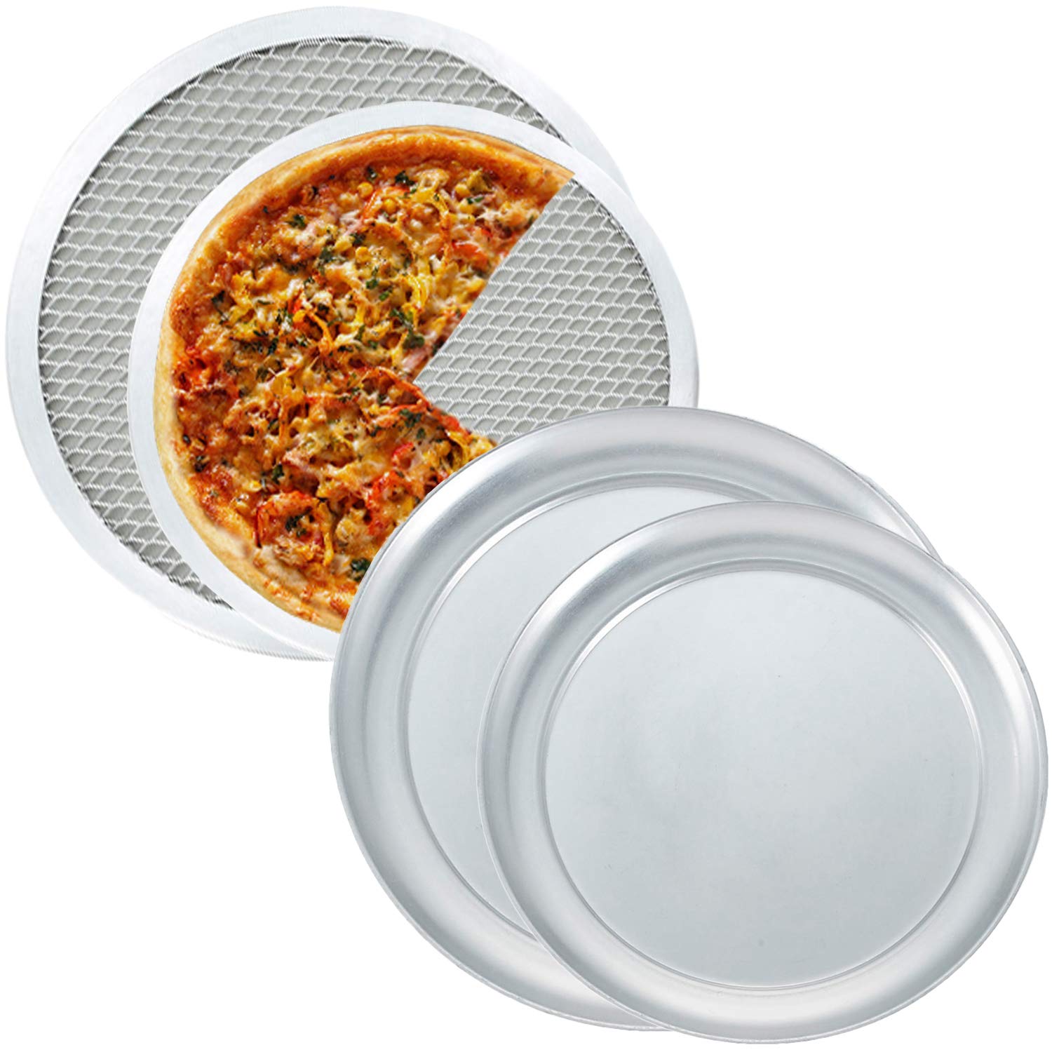 Tiger Chef Pizza Pan and Pizza Screen Set - Includes 9 inch and 12 inch Wide Rim Pizza Pans and Aluminum Pizza Screens for Oven