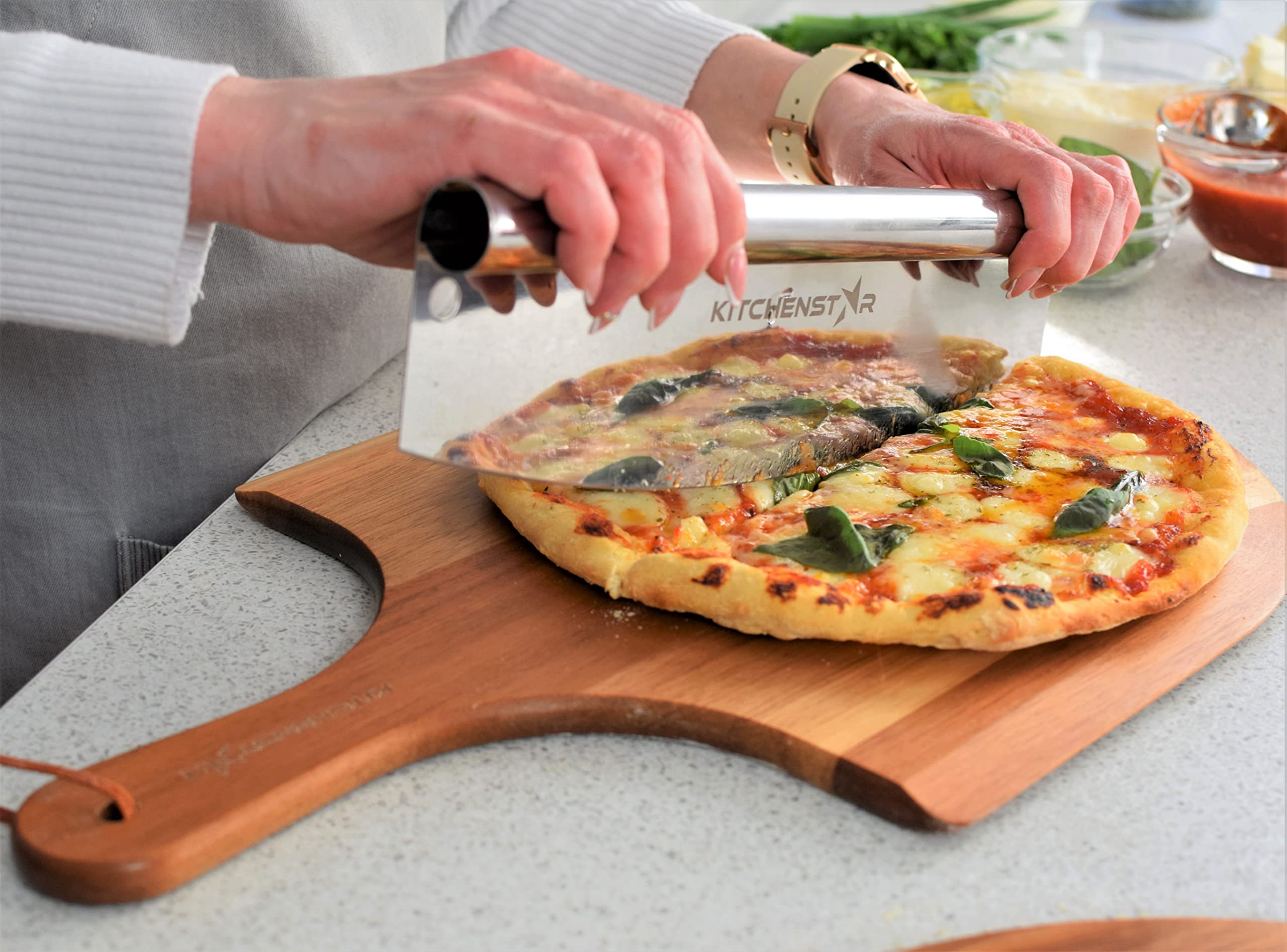 KitchenStar Pizza Stone for Oven and Grill 12 inch + Acacia Wood Pizza Peel 12" - Pizza Making Set Bundle - Premium Pizza Oven Accessories and Tools