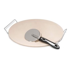 laroma baking stone set, 15-inch includes serving rack and pizza cutter wheel, 15 inches, beige