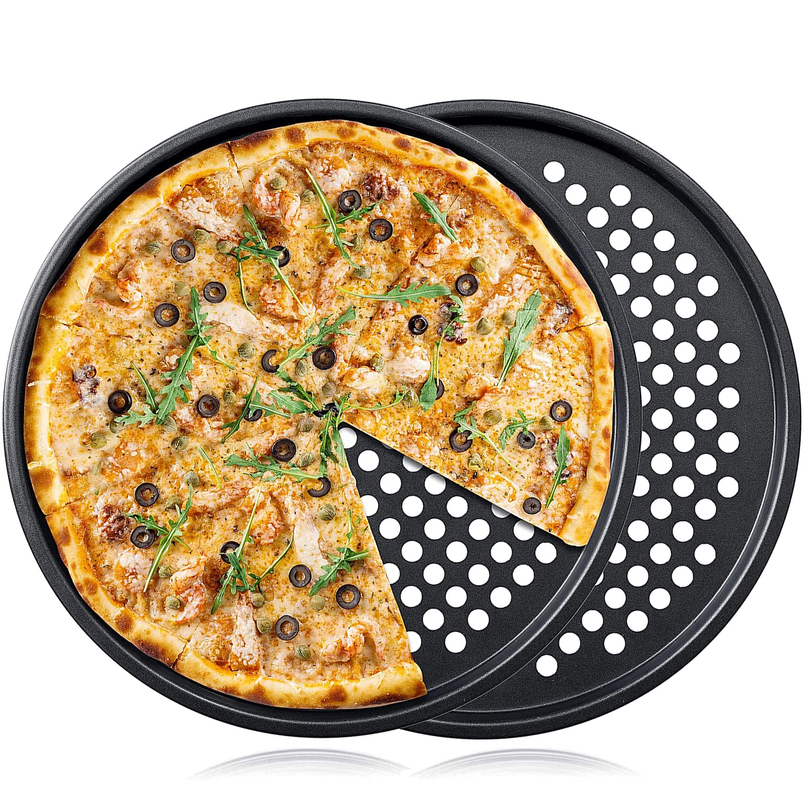 Lemengtree Pizza Pans,Baking Tray Perforated Pizza Plate Nonstick Carbon Steel Pizza Pan, Pizza Tray Round with Holes for Oven (2pc-12.5 inch with Holes)