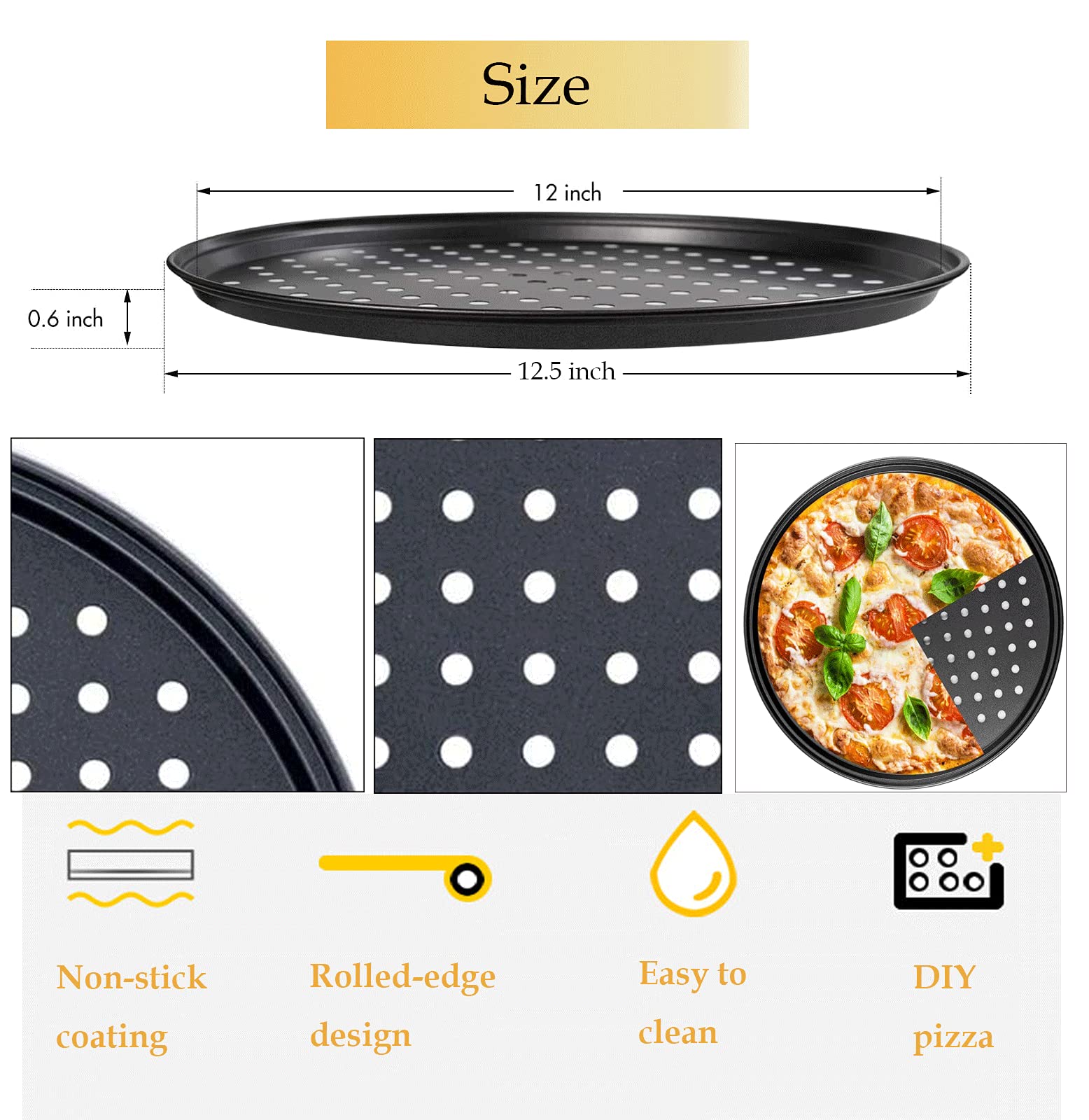 Lemengtree Pizza Pans,Baking Tray Perforated Pizza Plate Nonstick Carbon Steel Pizza Pan, Pizza Tray Round with Holes for Oven (2pc-12.5 inch with Holes)