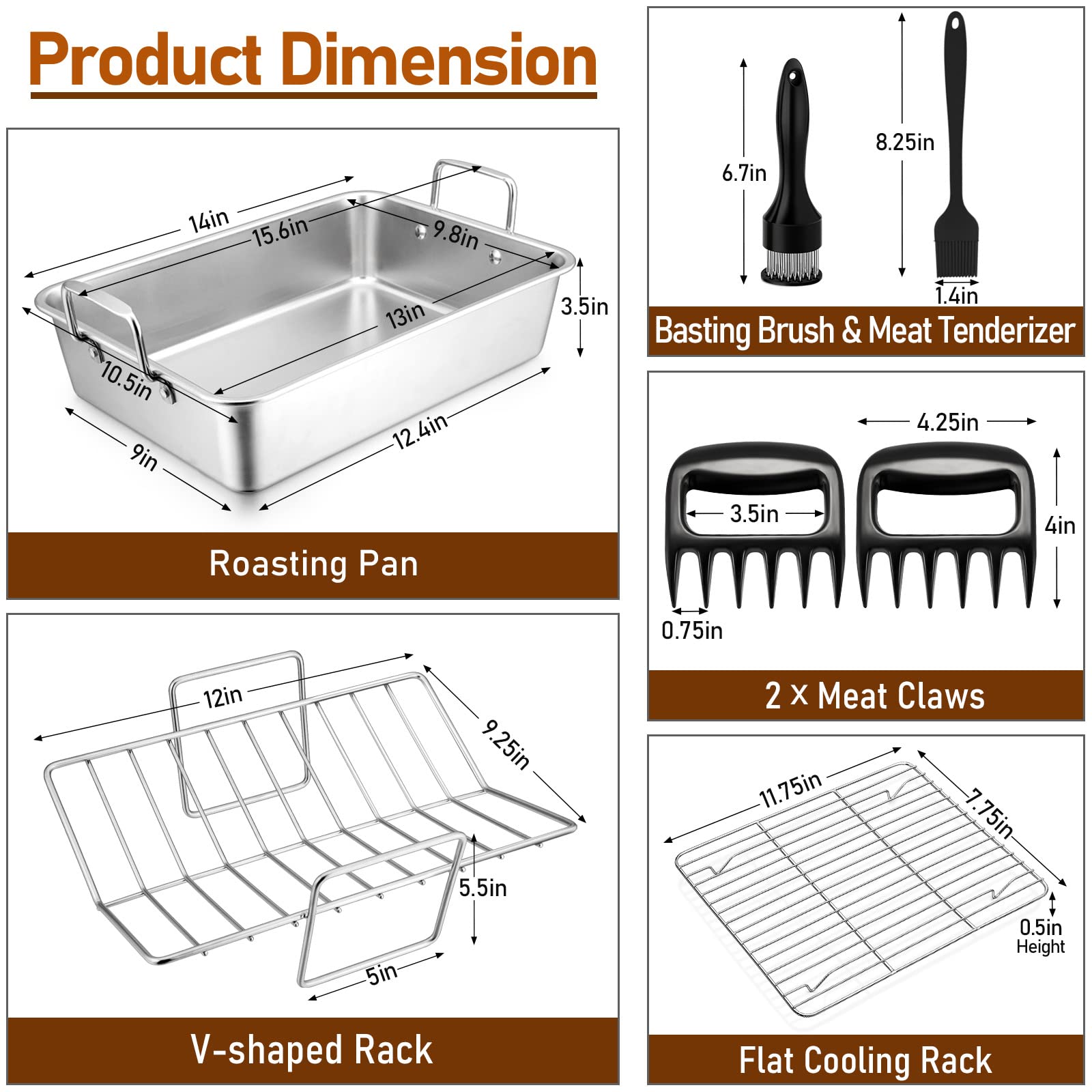 14 Inch Roasting Pan Set (7Pcs), Joyfair Stainless Steel Rectangular Turkey Roaster Baking Pan with V-Rack & Cooling Rack for Oven, Great for Thanksgiving Christmas Roast Chicken Meat Lasgana