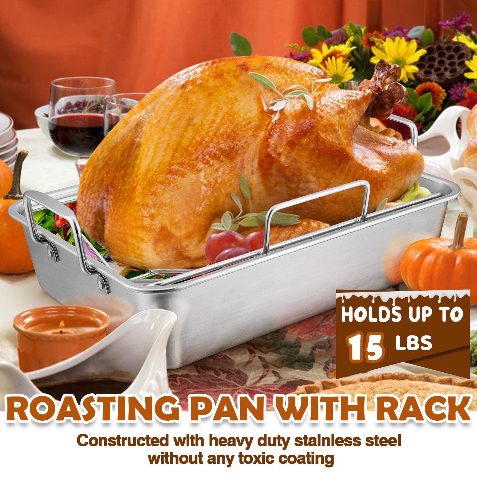 14 Inch Roasting Pan Set (7Pcs), Joyfair Stainless Steel Rectangular Turkey Roaster Baking Pan with V-Rack & Cooling Rack for Oven, Great for Thanksgiving Christmas Roast Chicken Meat Lasgana