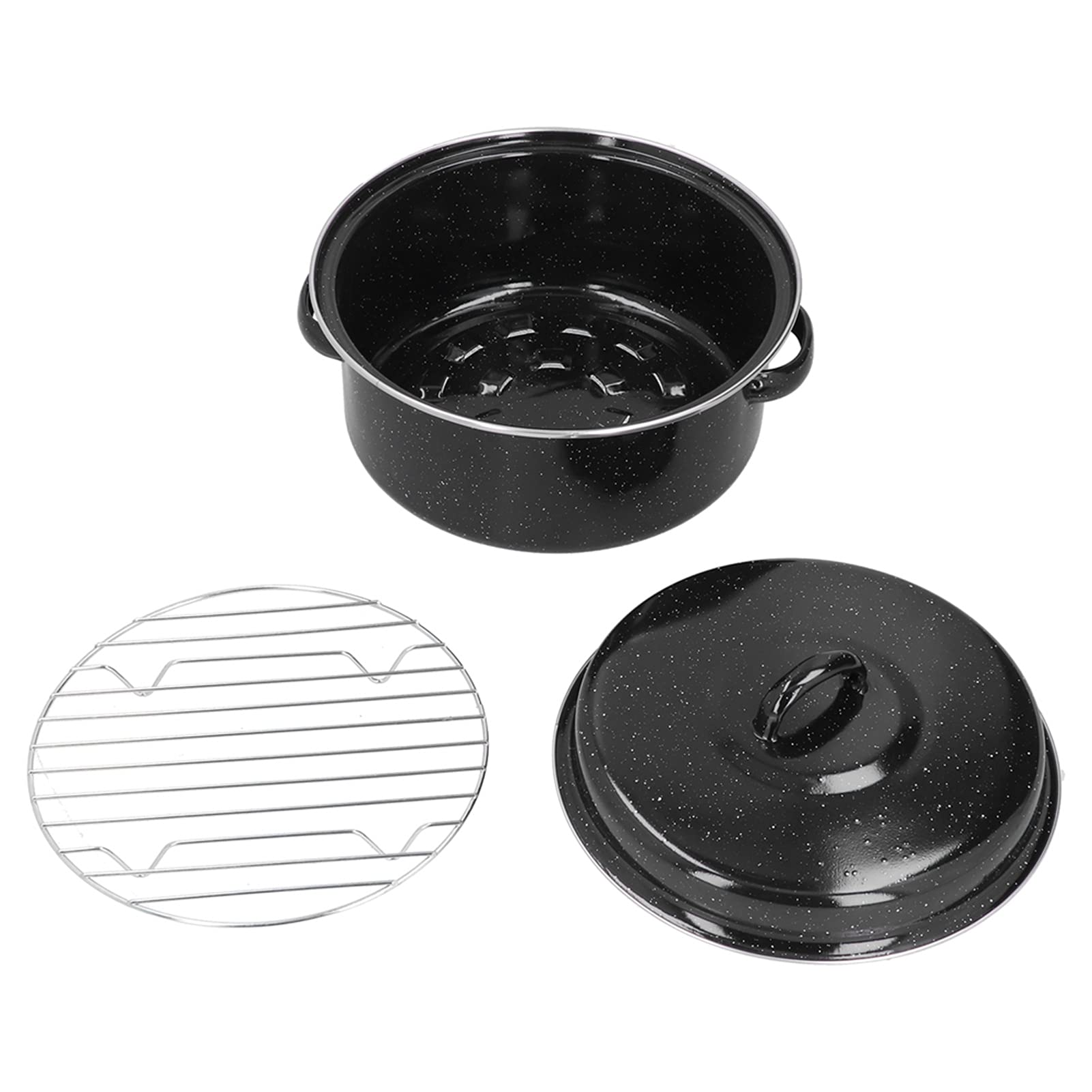 Black Enamel Roaster Pan, Roasting Pan With Lid Round Enamel Roaster Pot Nonstick Turkey Roasting Pan with Grill for Family Barbucue Steak