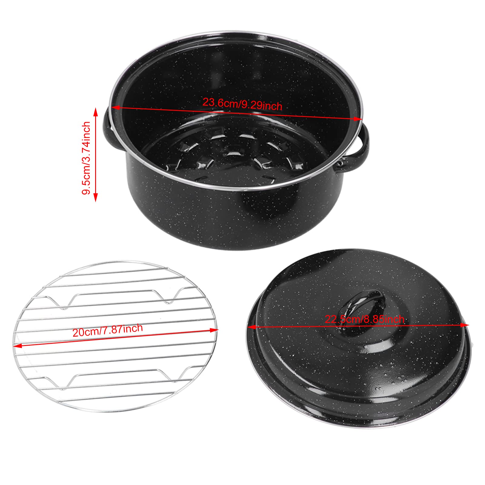 Black Enamel Roaster Pan, Roasting Pan With Lid Round Enamel Roaster Pot Nonstick Turkey Roasting Pan with Grill for Family Barbucue Steak