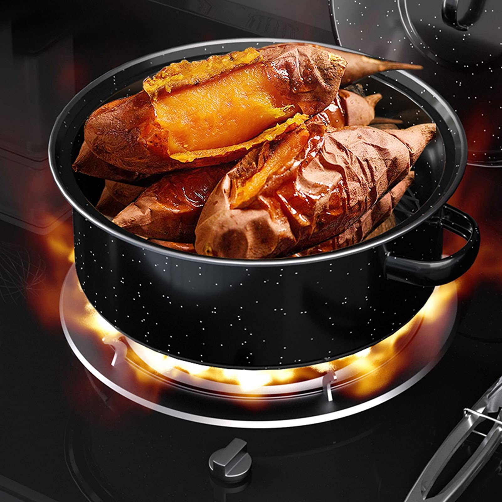 Black Enamel Roaster Pan, Roasting Pan With Lid Round Enamel Roaster Pot Nonstick Turkey Roasting Pan with Grill for Family Barbucue Steak