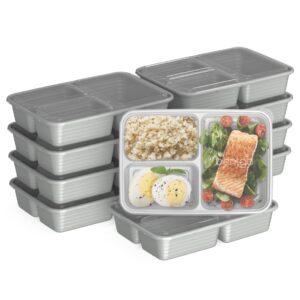 bentgo® prep 3-compartment containers - 20-piece meal prep kit with 10 trays & 10 custom-fit lids - durable microwave, freezer, dishwasher safe reusable bpa-free food storage containers (silver)