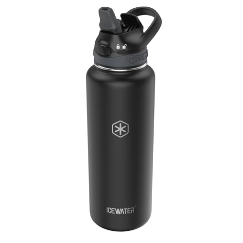 ICEWATER - 40 oz Insulated Water Bottle With Auto Straw Lid and Carry Handle, Leakproof Lockable Lid with Soft Silicone Spout, One-hand Operation, Vacuum Stainless Steel, BPA-Free (40 oz, Black)