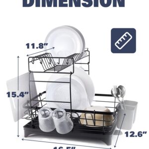 BRONYPRO Dish Drying Rack, 2 Tier Dish Drying Rack for Kitchen Counter, Extra Large Dish Strainer with Drainboard, Dish Organizer with Drying Board, Utensil Holder, Cup Rack, Black