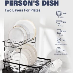 BRONYPRO Dish Drying Rack, 2 Tier Dish Drying Rack for Kitchen Counter, Extra Large Dish Strainer with Drainboard, Dish Organizer with Drying Board, Utensil Holder, Cup Rack, Black