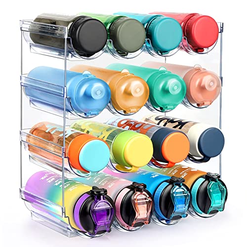 Water Bottle Organizer, 4 Packs Stackable Plastic Water Bottle Cup Holder, Wine/Drink/Water Bottle Storage Stand for Kitchen Countertop, Cabinet, Freezer, Pantry, Office, Total Holds 16 Containers