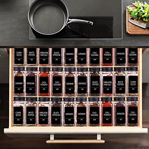 Churboro 36 Spice Jars with 547 Labels- Glass Spice Jars with Black Metal Caps, 4oz Empty Spice Containers with Shaker Lids, Funnel, Chalk Pen, Square Seasoning Bottles for Spice Rack, Drawer, Cabinet