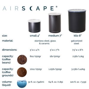 Airscape Stainless Steel Coffee Canister | Food Storage Container | Patented Airtight Lid | Push Out Excess Air Preserve Food Freshness (Medium, Matte Black)