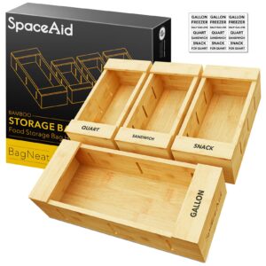 spaceaid bag storage organizer for kitchen drawer, bamboo organizer, compatible with gallon, quart, sandwich and snack variety size bag (4 pack)