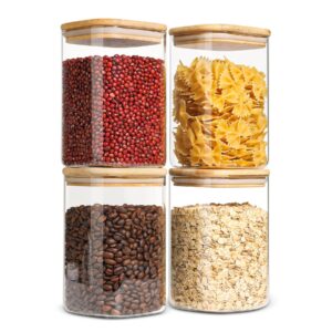 ComSaf Glass Storage Containers with Lids 37fl.oz, Glass Jars with Bamboo Lids, Clear Food Storage Jar, Glass Canister For Pantry Noodles Flour Cereal Rice Sugar Tea Coffee Beans, Square Set of 4