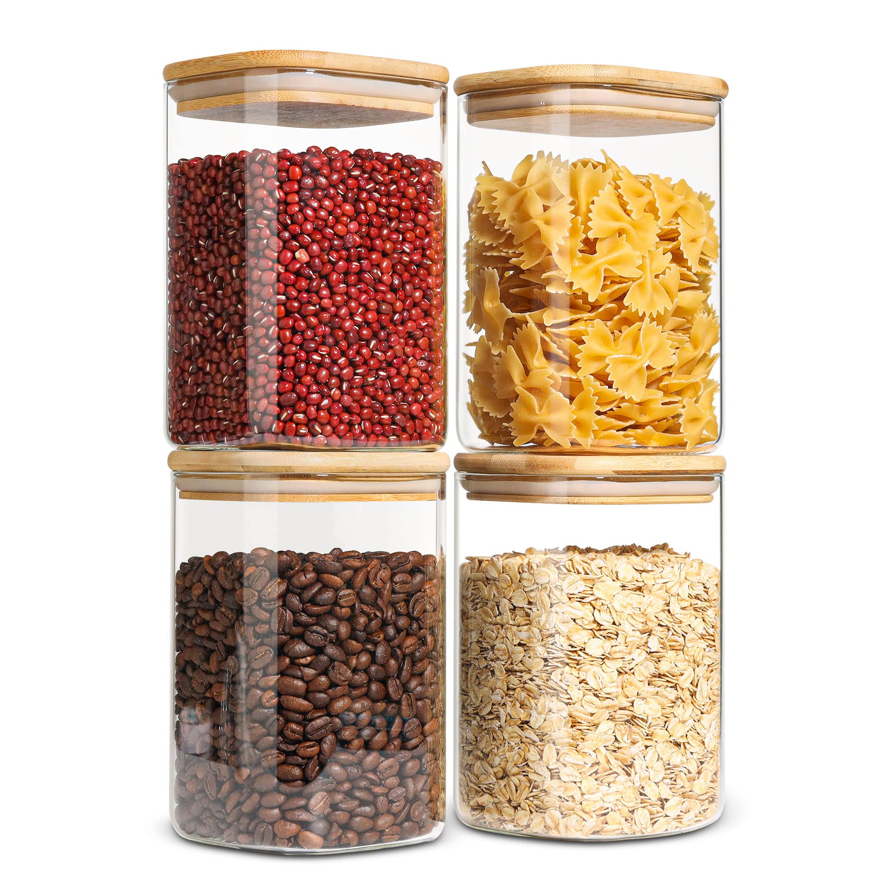 ComSaf Glass Storage Containers with Lids 37fl.oz, Glass Jars with Bamboo Lids, Clear Food Storage Jar, Glass Canister For Pantry Noodles Flour Cereal Rice Sugar Tea Coffee Beans, Square Set of 4