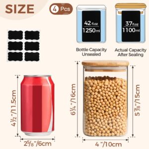 ComSaf Glass Storage Containers with Lids 37fl.oz, Glass Jars with Bamboo Lids, Clear Food Storage Jar, Glass Canister For Pantry Noodles Flour Cereal Rice Sugar Tea Coffee Beans, Square Set of 4