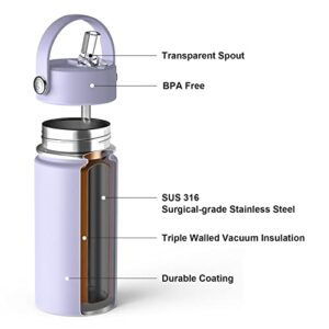 Oisiz Kids Water Bottle with Straw Lid 14oz, Vacuum Insulated 316 Stainless Steel Water Bottles for Kids for School, Leakproof Toddler Water Bottle, BPA Free and Keep Cold for 24 Hours, Light Purple