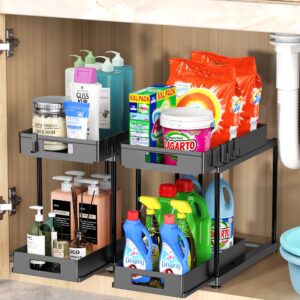 under sink organizers and storage, 2 pack pull-out large capacity under bathroom and kitchen cabinet storage drawer organizer with hooks, multi-purpose heavy load under sink shelf organizer, black