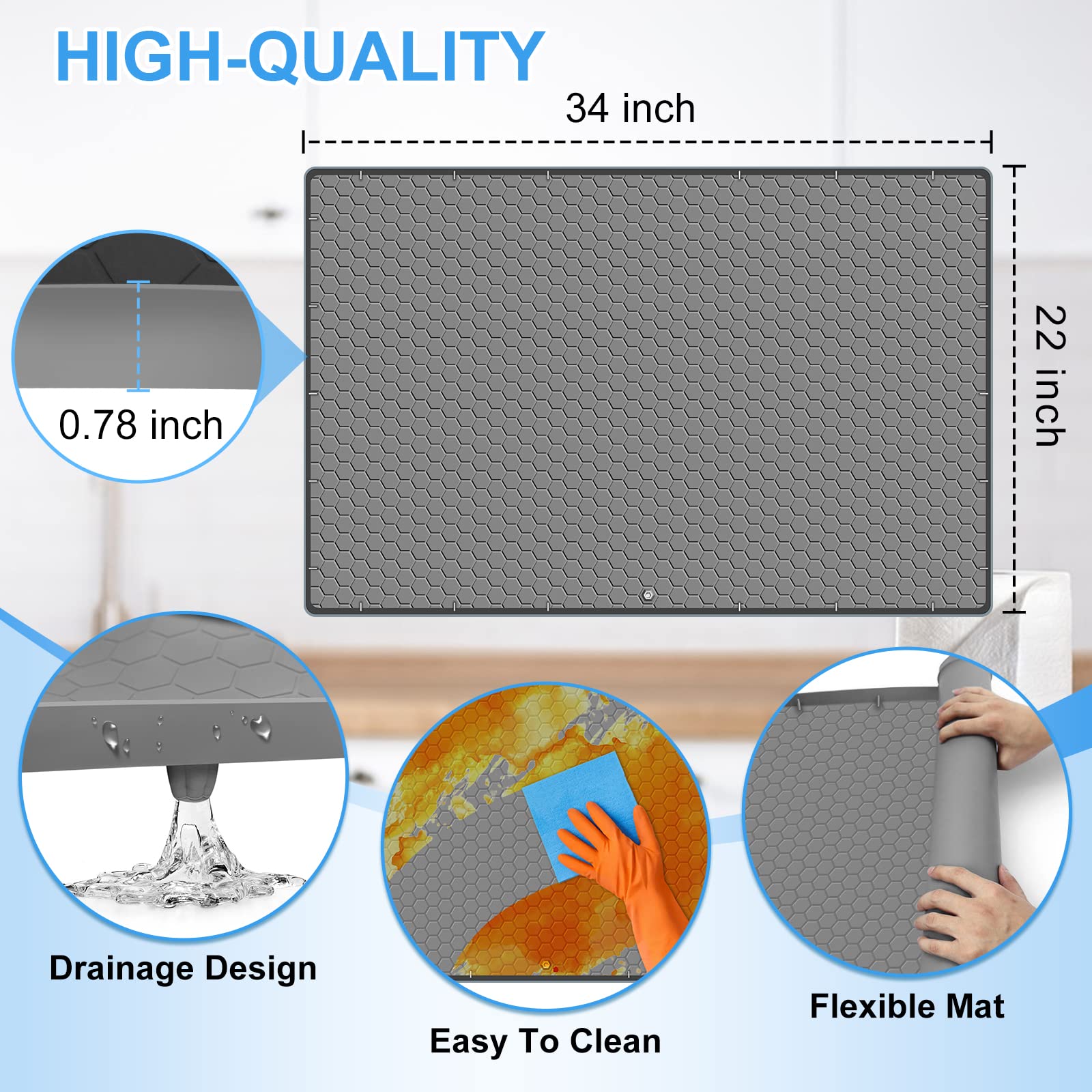 Under Sink Mat, 34"*22"*0.67", Waterproof, Cabinet Protector Silicone Mats for Kitchen & Bathroom, Holds up to 2 Gallon Liquiq(Dark Gray) (Thin860g)