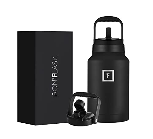 IRON °FLASK Sports Water Bottle - 128 Oz/One Gallon, 2 Lids, Straw and Spout, Leak Proof, Vacuum Insulated Stainless Steel, Hot Cold, Double Walled, Simple Thermo Mug, Metal Canteen Jug Growler