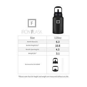 IRON °FLASK Sports Water Bottle - 128 Oz/One Gallon, 2 Lids, Straw and Spout, Leak Proof, Vacuum Insulated Stainless Steel, Hot Cold, Double Walled, Simple Thermo Mug, Metal Canteen Jug Growler