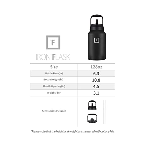 IRON °FLASK Sports Water Bottle - 128 Oz/One Gallon, 2 Lids, Straw and Spout, Leak Proof, Vacuum Insulated Stainless Steel, Hot Cold, Double Walled, Simple Thermo Mug, Metal Canteen Jug Growler