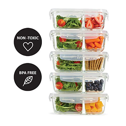 Fit & Fresh Divided, 5-Pack, Two Compartments, Set of 5 Containers with Locking Lids, Glass Storage, Meal Prep Containers with Airtight Seal, 27 oz.