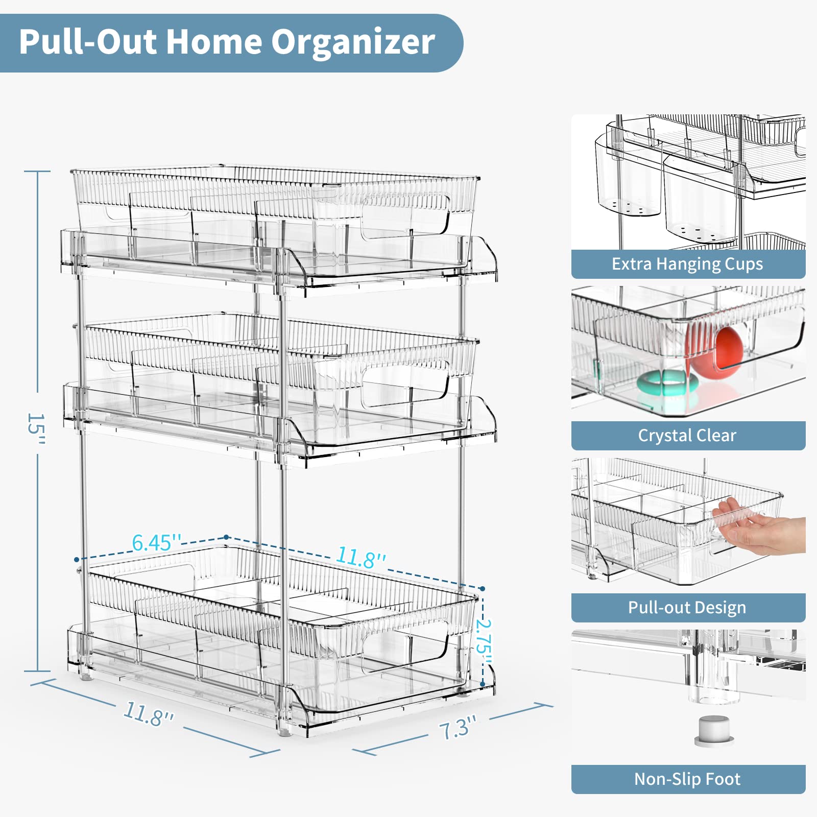 LEITAO Clear Pantry Storage Organizer with Dividers, 3 Tier Pull-Out Under Sink Organizers and Storage, for Bathroom Kitchen Medicine Cabinet Pantry Storage Organizer.