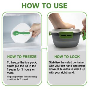 BOKZEN Freezer Bento Box, Salad Lunch Containers with Built-In Ice Pack & Fork for Food Freshness, 1.2L 4-Compartment Leakproof Chill Bento Lunch Box for Adults