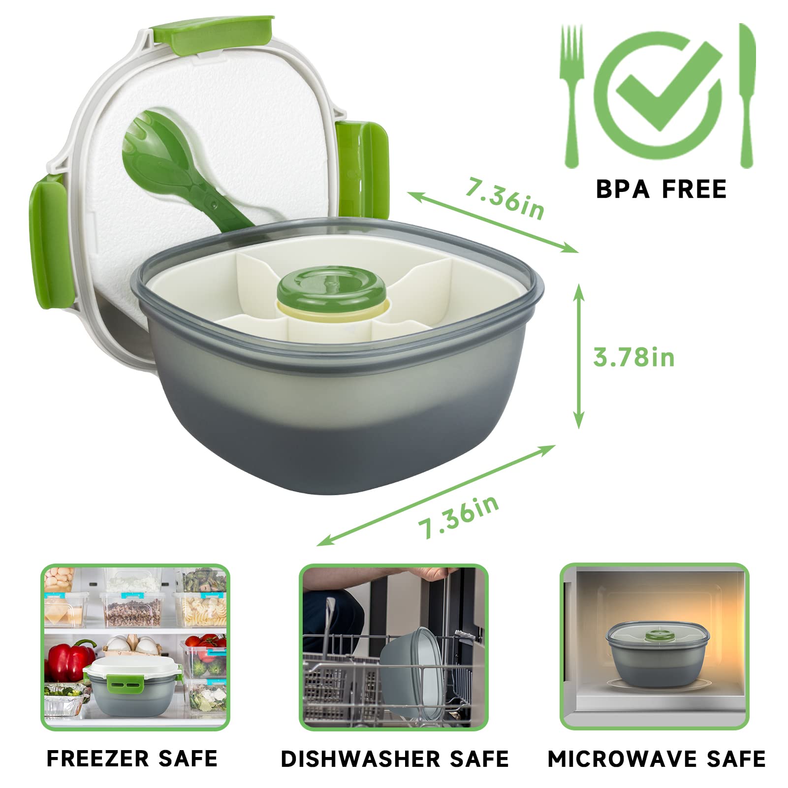 BOKZEN Freezer Bento Box, Salad Lunch Containers with Built-In Ice Pack & Fork for Food Freshness, 1.2L 4-Compartment Leakproof Chill Bento Lunch Box for Adults