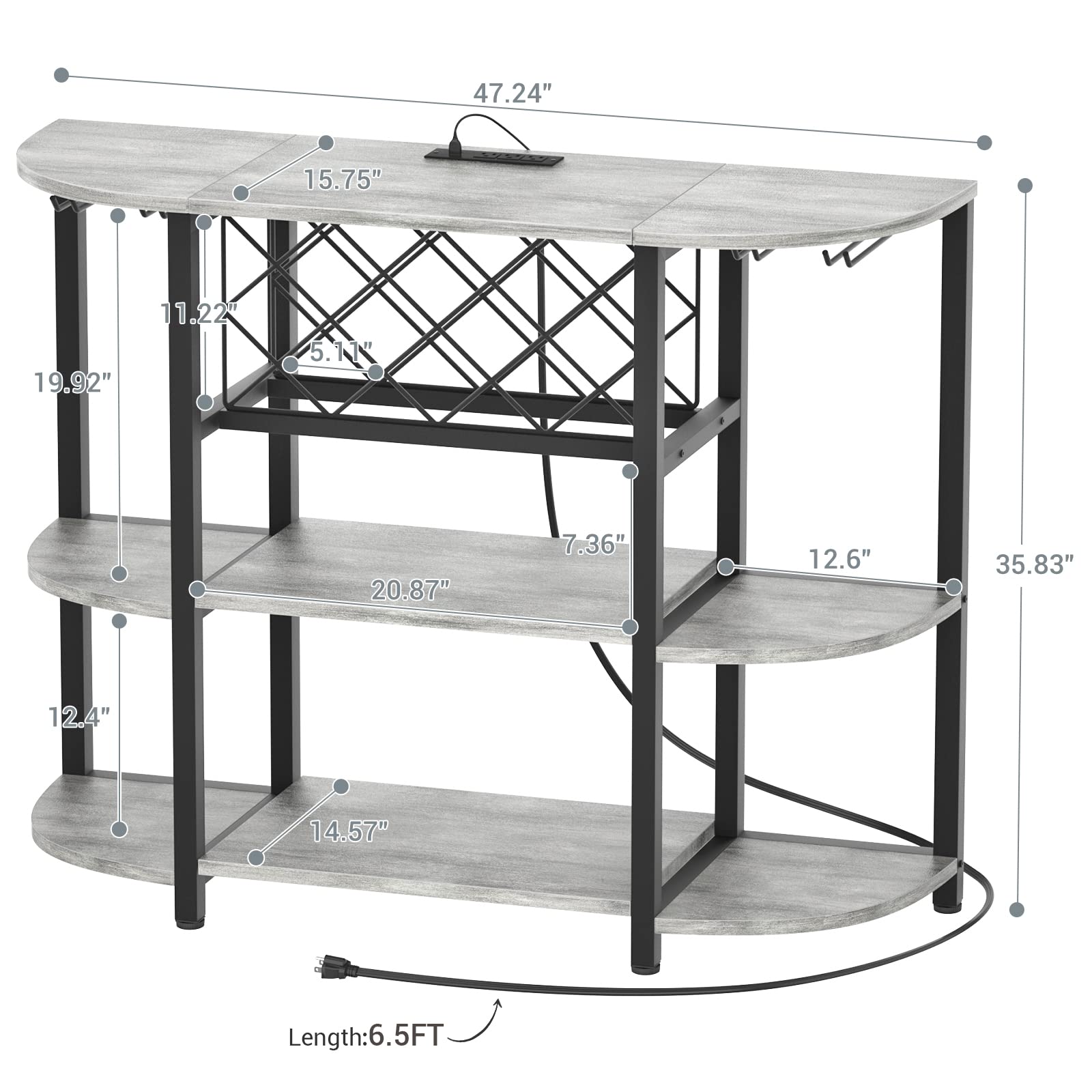 Unikito 4-Tier Metal Coffee Bar Cabinet with Outlet and LED Light, Freestanding Floor Table for Liquor Glass Holder Wine Rack Storage, Bakers Kitchen Dining Room, White Oak