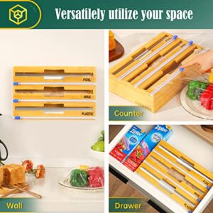 Calmbee Storage Bag Organizer and Wrap Dispenser with Cutter, 3 IN 1 Bamboo Foil and Plastic Wrap Organizer for Kitchen Drawer, Plastic Bag Organizer for Gallon, Quart, Sandwich, Snack