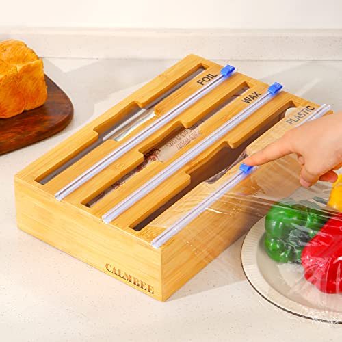 Calmbee Storage Bag Organizer and Wrap Dispenser with Cutter, 3 IN 1 Bamboo Foil and Plastic Wrap Organizer for Kitchen Drawer, Plastic Bag Organizer for Gallon, Quart, Sandwich, Snack