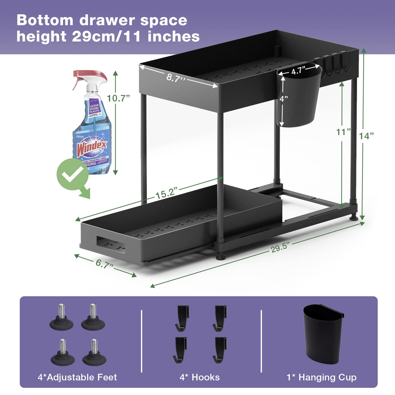 NYYTGE Under Sink Organizer Under Bathroom Cabinet Storage 2 Tier Storage Rack with 4 Hooks, Under Cabinet Organizer Baskets, Multi-Purpose Under Sink Shelf Organizer for Bathroom Kitchen