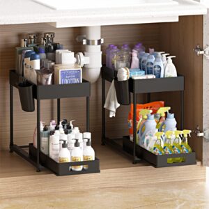 NYYTGE Under Sink Organizer Under Bathroom Cabinet Storage 2 Tier Storage Rack with 4 Hooks, Under Cabinet Organizer Baskets, Multi-Purpose Under Sink Shelf Organizer for Bathroom Kitchen