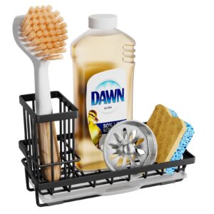 swtymiki sink caddy sponge holder - kitchen sink organizer with high brush holder for countertop by the sink holding dish soaps and sponges, stainless steel, black