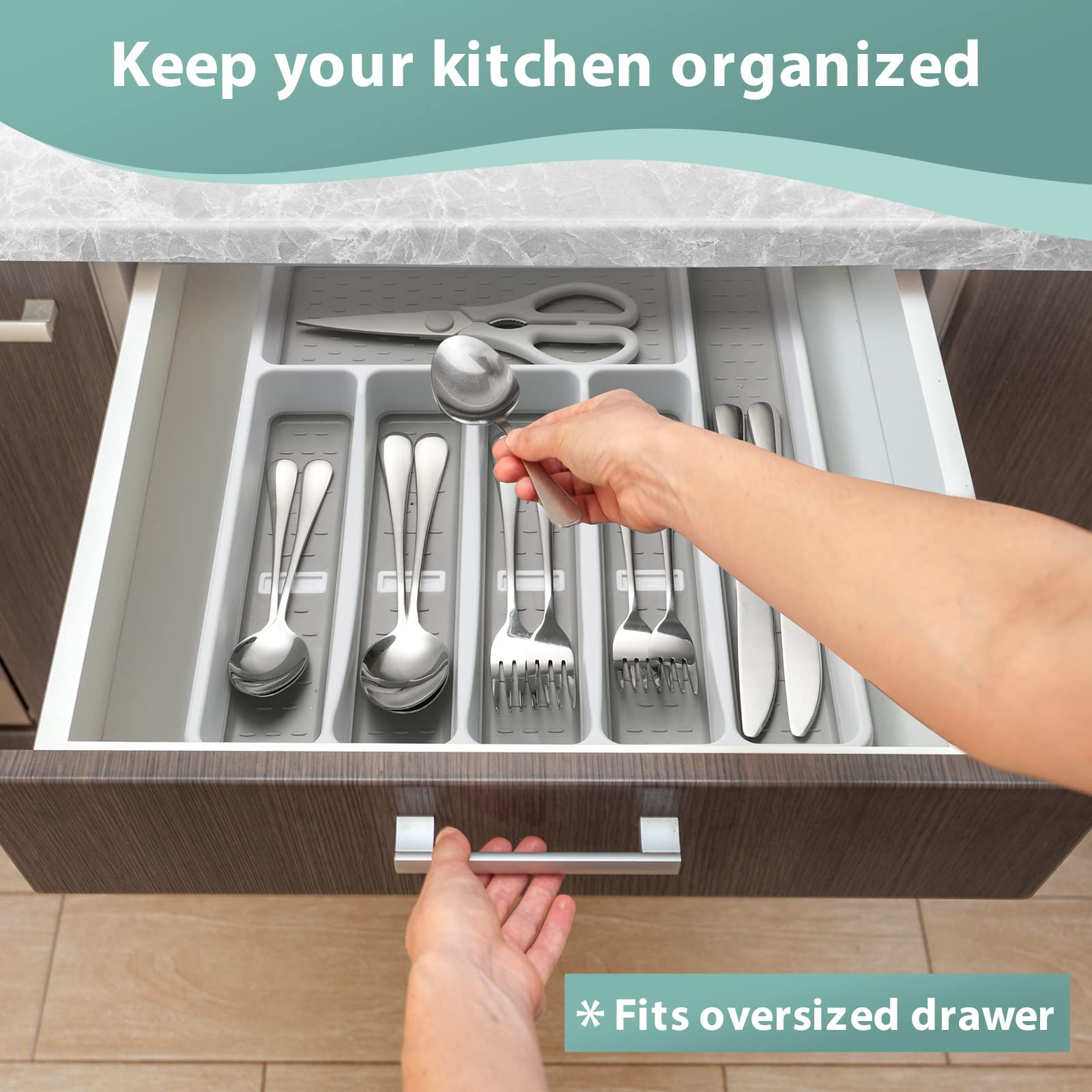 Joequality Silverware Organizer with Icons，Plastic Cutlery silverware Tray for Drawer，Utensil Tableware Flatware Organizer for Kitchen with Non-slip TPR,Fits Oversized Drawer,6-Compartment，Grey