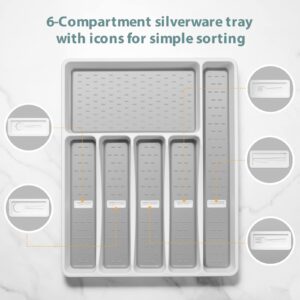 Joequality Silverware Organizer with Icons，Plastic Cutlery silverware Tray for Drawer，Utensil Tableware Flatware Organizer for Kitchen with Non-slip TPR,Fits Oversized Drawer,6-Compartment，Grey