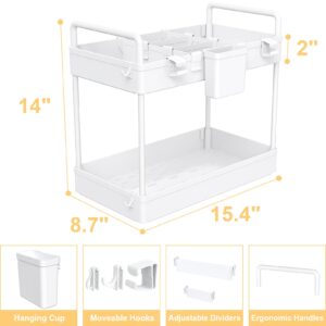 Ronlap 2 Pack Under Sink Organizers and Storage, 2 Tier Bathroom Organizer Under Sink with Handle Hanging Cup Hooks Dividers, Kitchen Organization and Storage Under Sink Cabinet Counter Shelf, White